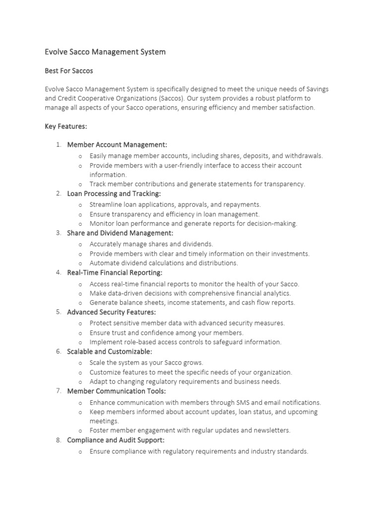 Evolve Sacco Management System Features | PDF