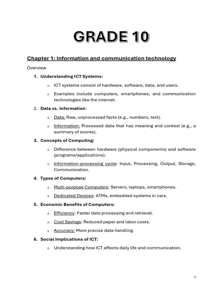 Grade 10 - Chapter Summary Notes | PDF | Computer Network | Computer ...