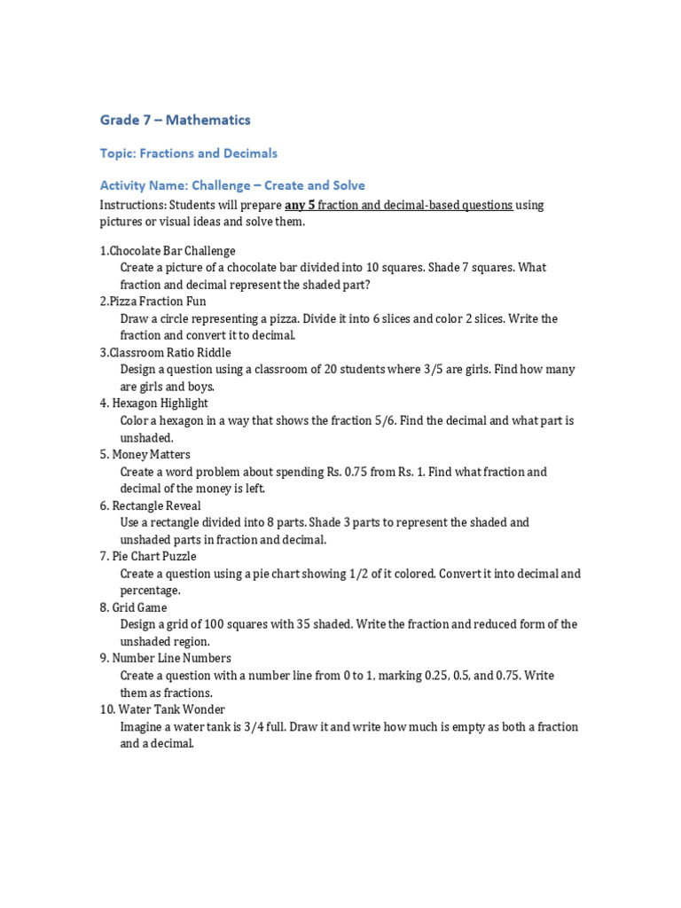 Grade 7 Fractions and Decimals Activity | PDF