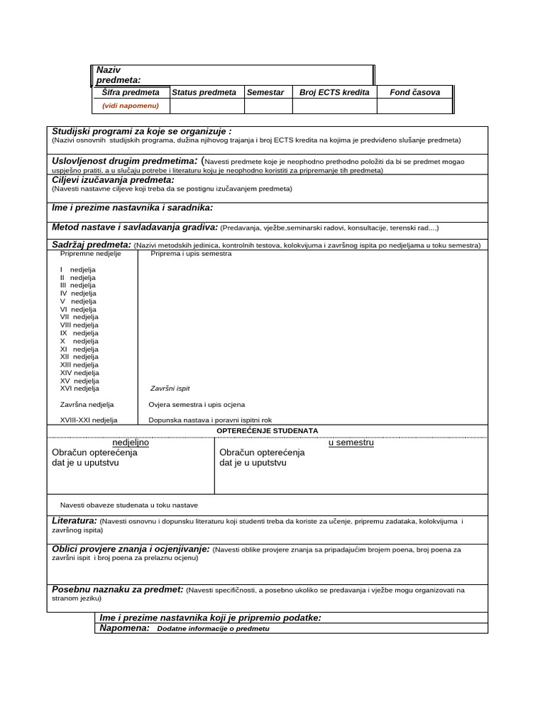Obrazac ECTS Katalog | PDF