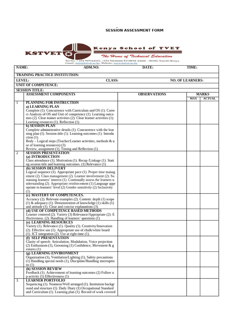 Session Assessment Form Revised 2024 | PDF | Learning | Curriculum