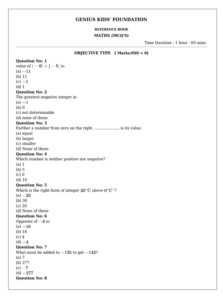 Maths MCQs for Kids' Foundation | PDF | Numbers | Integer