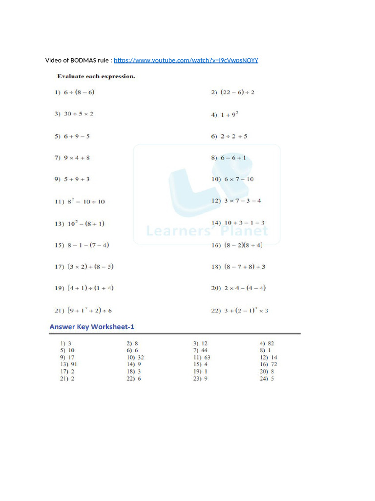 BODMAS Rule Along With Exercise | PDF
