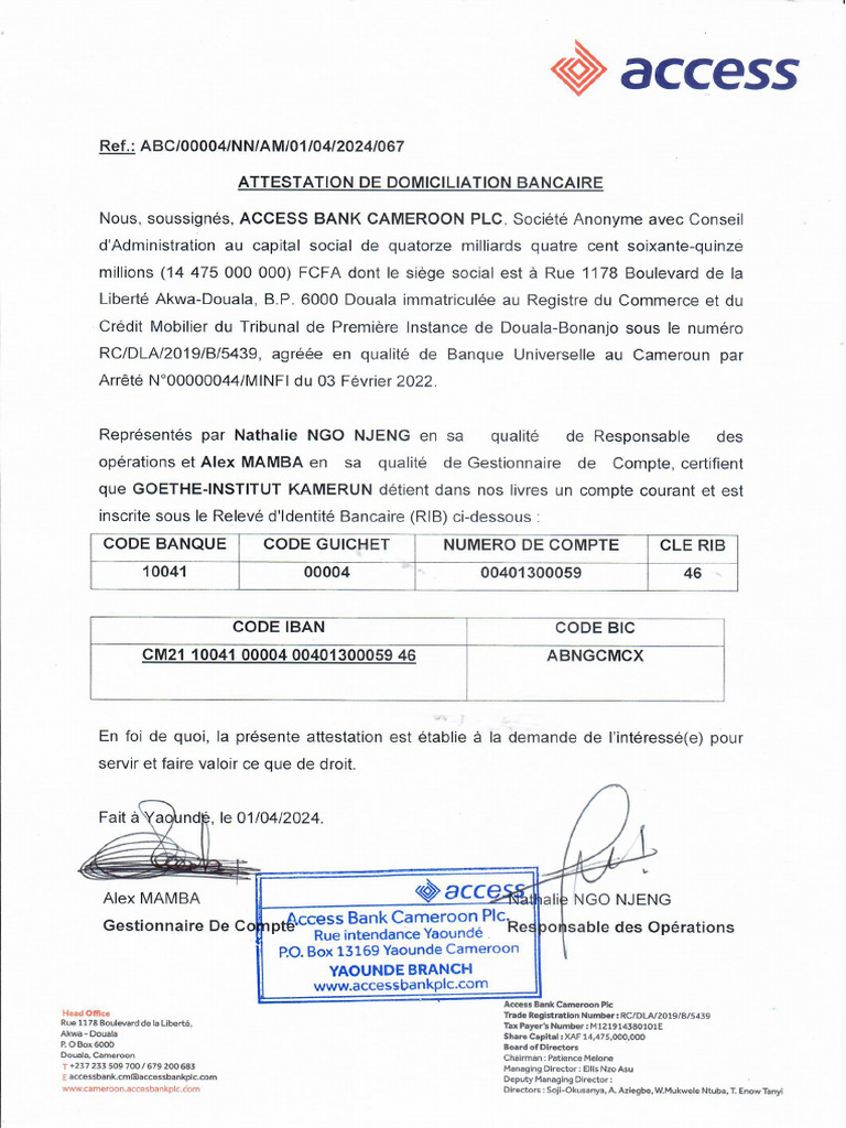 RIB Domiciliation Bancaire ACCESS BANK GOETHEScan | PDF