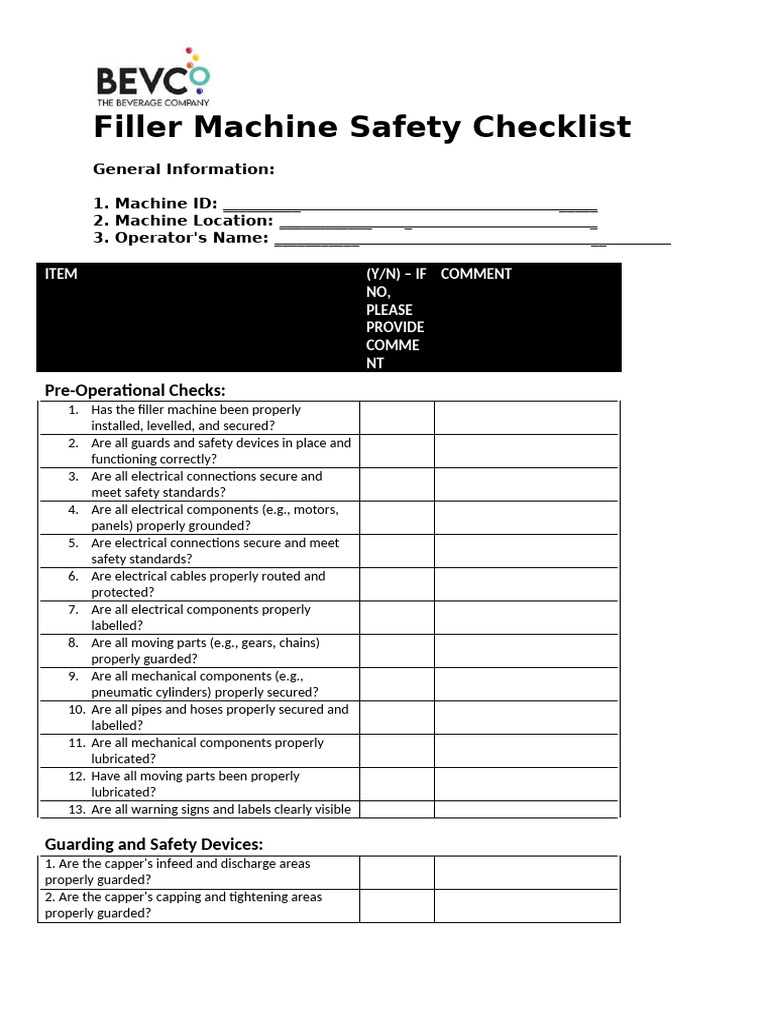 Filler Machine Safety Checlist - 1st Draft | PDF | Machines | Personal ...
