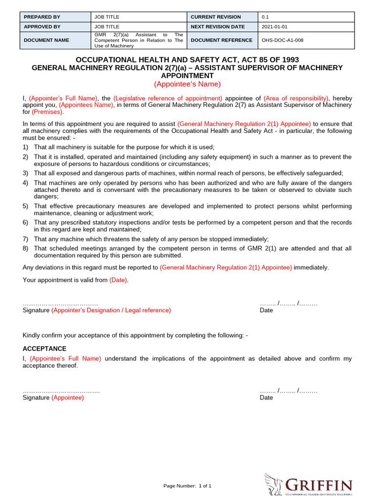 GMR 2(7) Appointment Letter Template | PDF | Occupational Safety And ...
