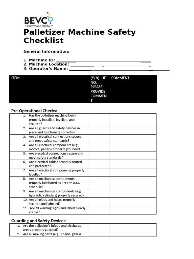 Palletizer Machine Safety Checklist | PDF | Machines | Pallet