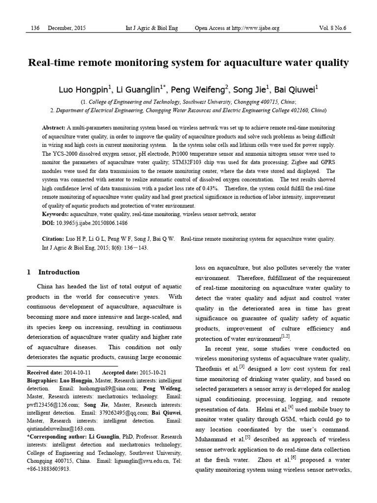 Real-Time Remote Monitoring System For Aquaculture Water Quality | PDF | Solar Panel | Water Quality