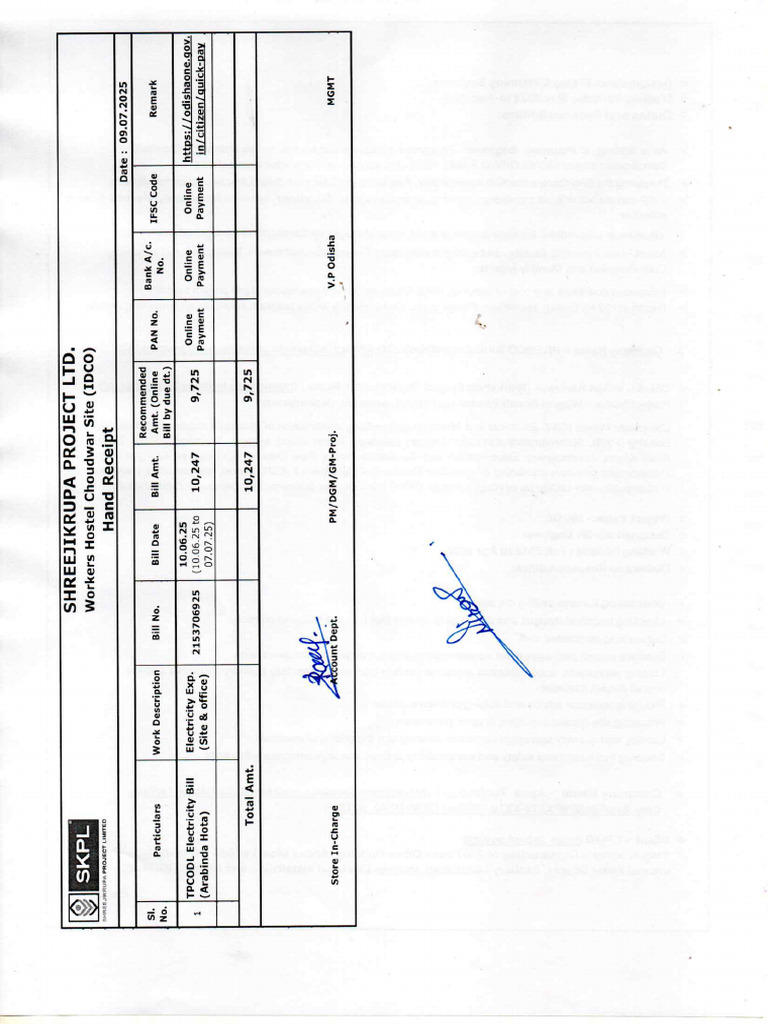 Hand Receipt TPCODL Worker Hostel Chowdar | PDF
