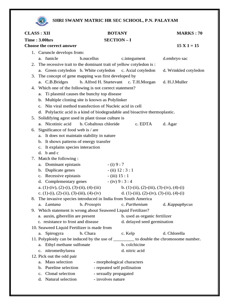 12 Botany Full Portion Test 2 | PDF | Life Sciences | Genetics