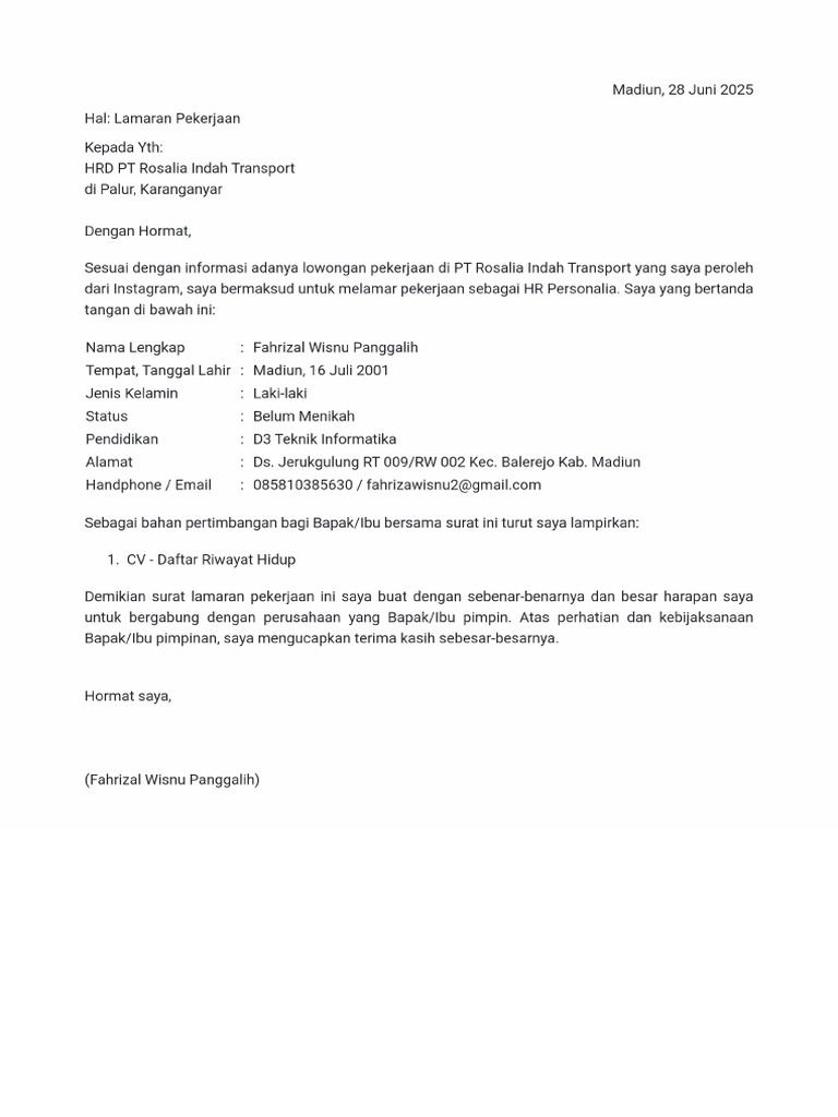Lamaran-PT Rosalia Indah Transport | PDF