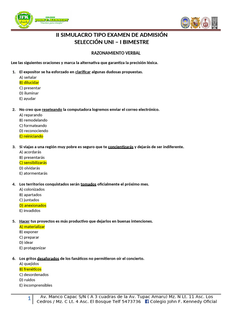 Ii Simulacro Tipo Examen de Admisión - Selección Uni | PDF