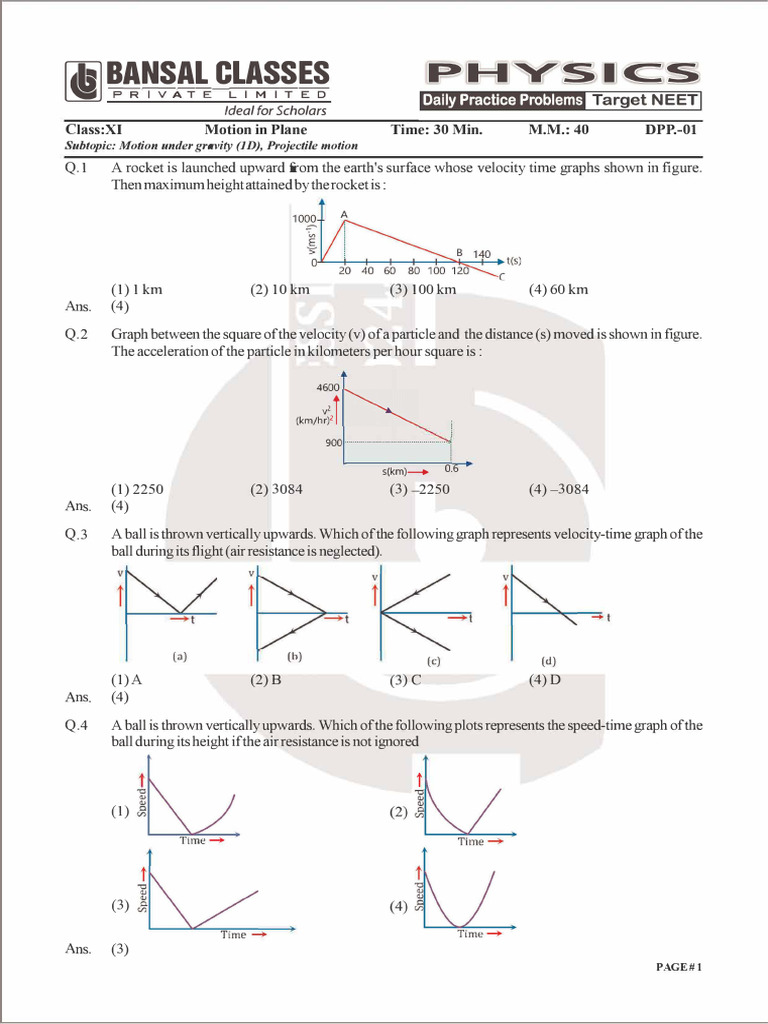 DPP-1 To 5 - Motion in A Plane | PDF | Mechanics | Motion (Physics)
