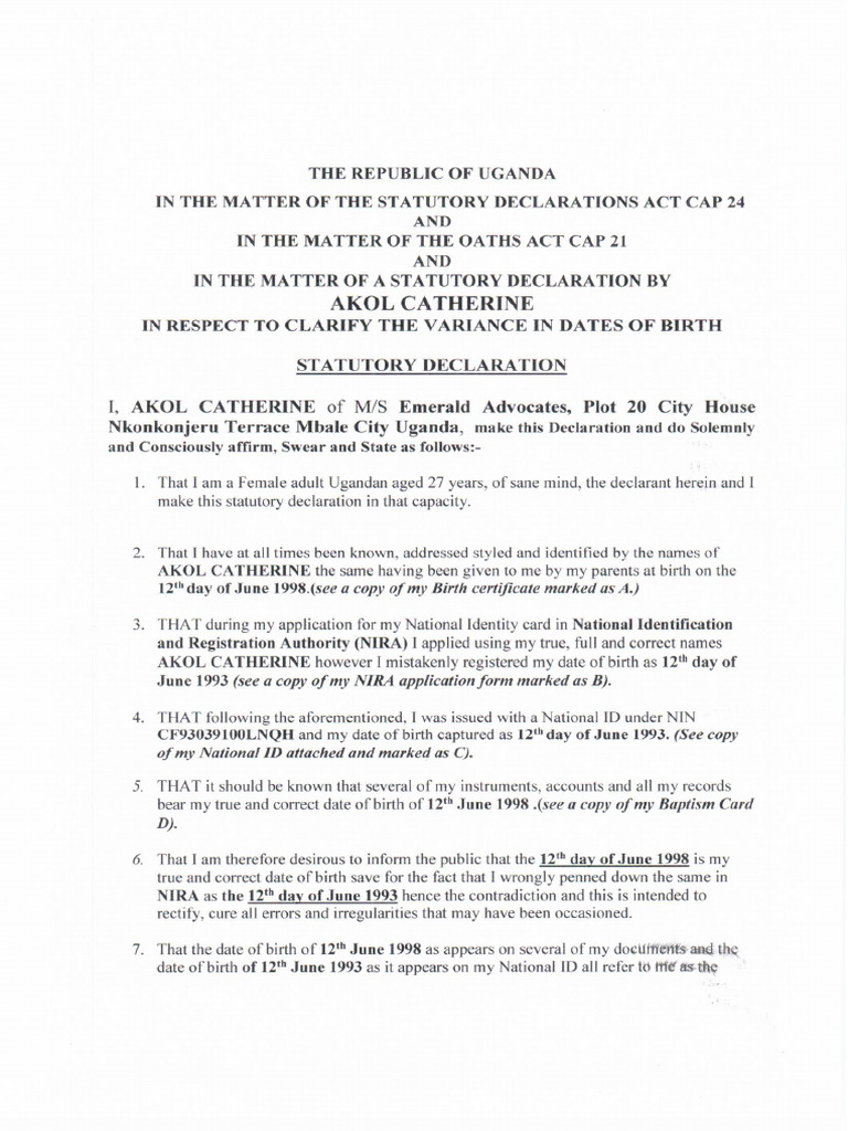 Akol Catherine Statutory Declaration 2 | PDF