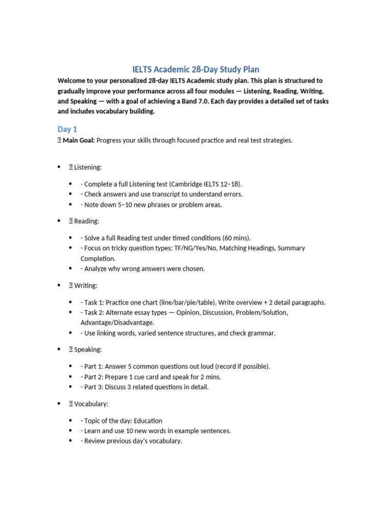 IELTS 28 Day Study Plan Full | PDF | International English Language ...