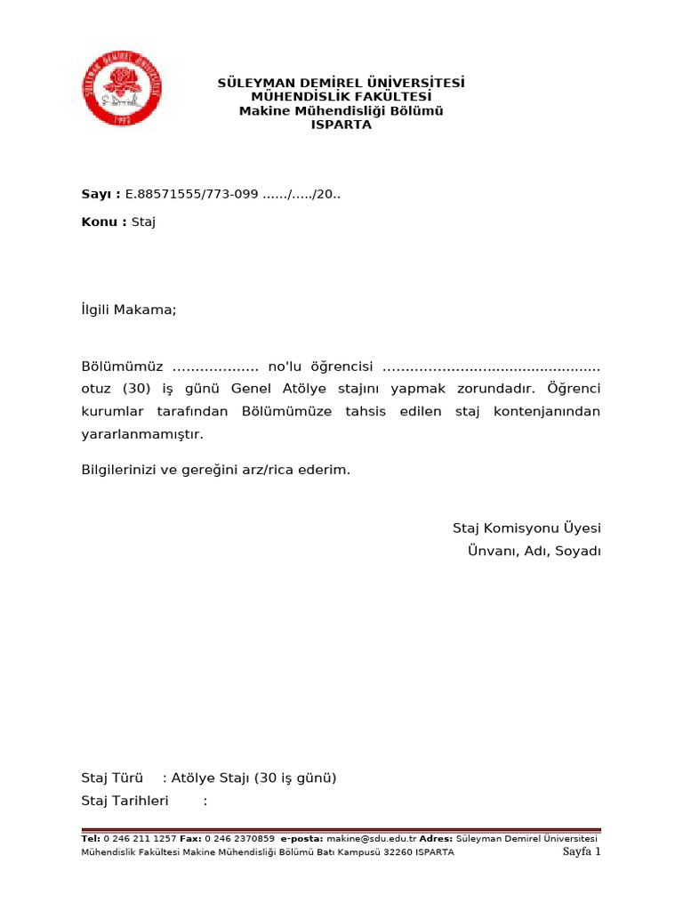 Staj Zorunluluk Belgesi Genel Atolye Staji 19042022 19042022 | PDF