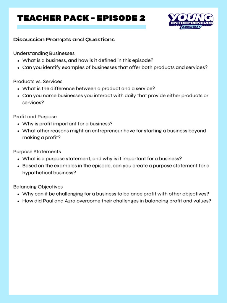 YEA Teacher Pack - Episode 2 | PDF