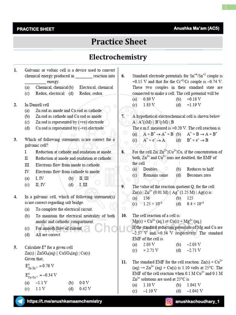 Electrochemistry Practice Sheet | PDF | Electrochemistry | Redox