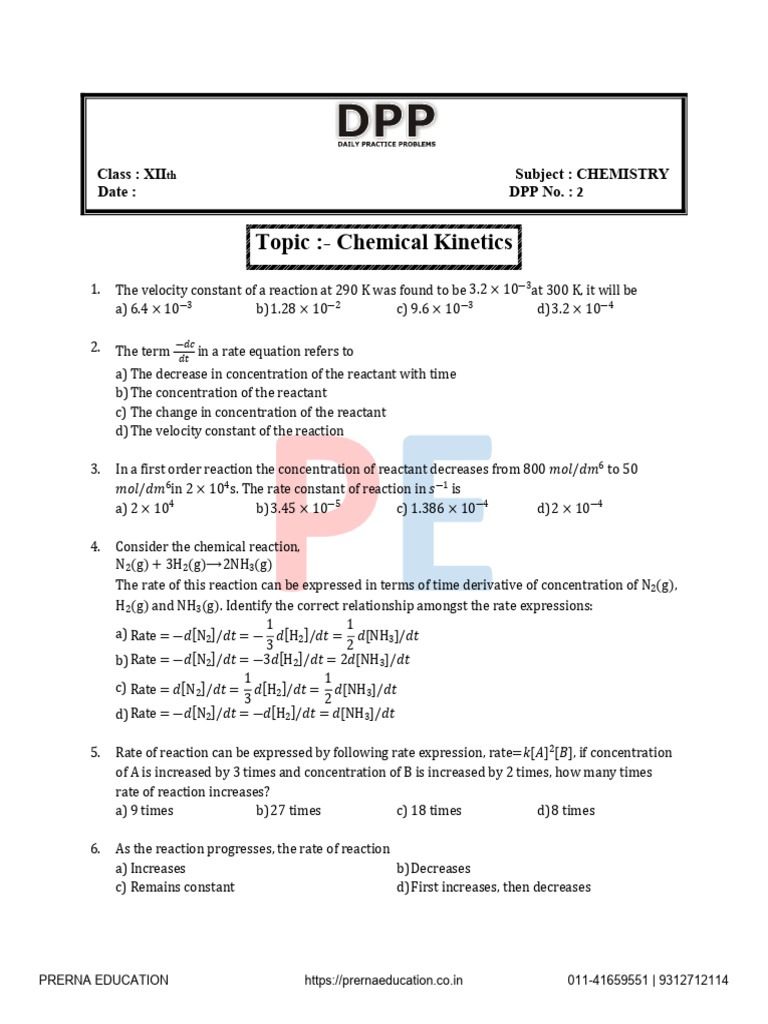 Chemical Kinetics DPP 2 | PDF | Reaction Rate | Chemical Reaction ...
