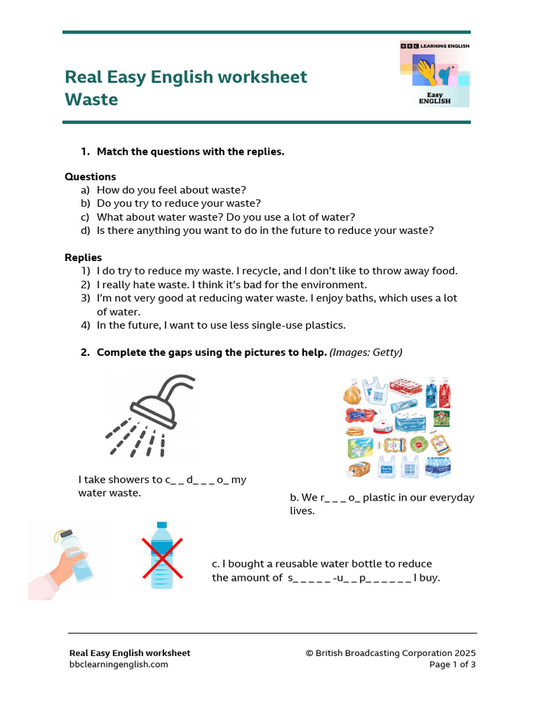 Waste Reduction Worksheet for English Learners | PDF | Waste