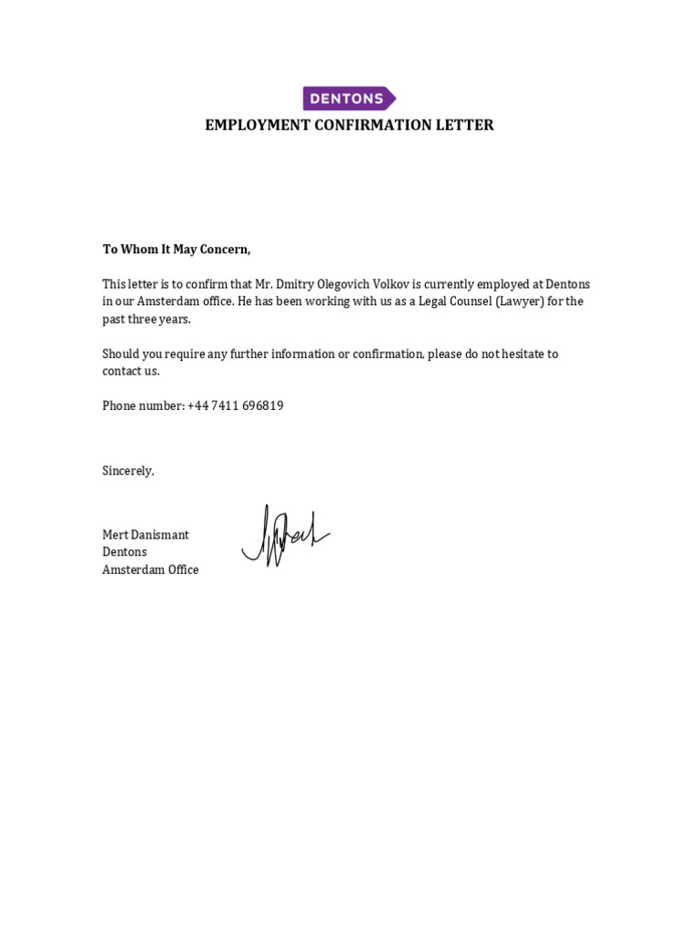 Employment Confirmation Letter Dmitry Volkov | PDF