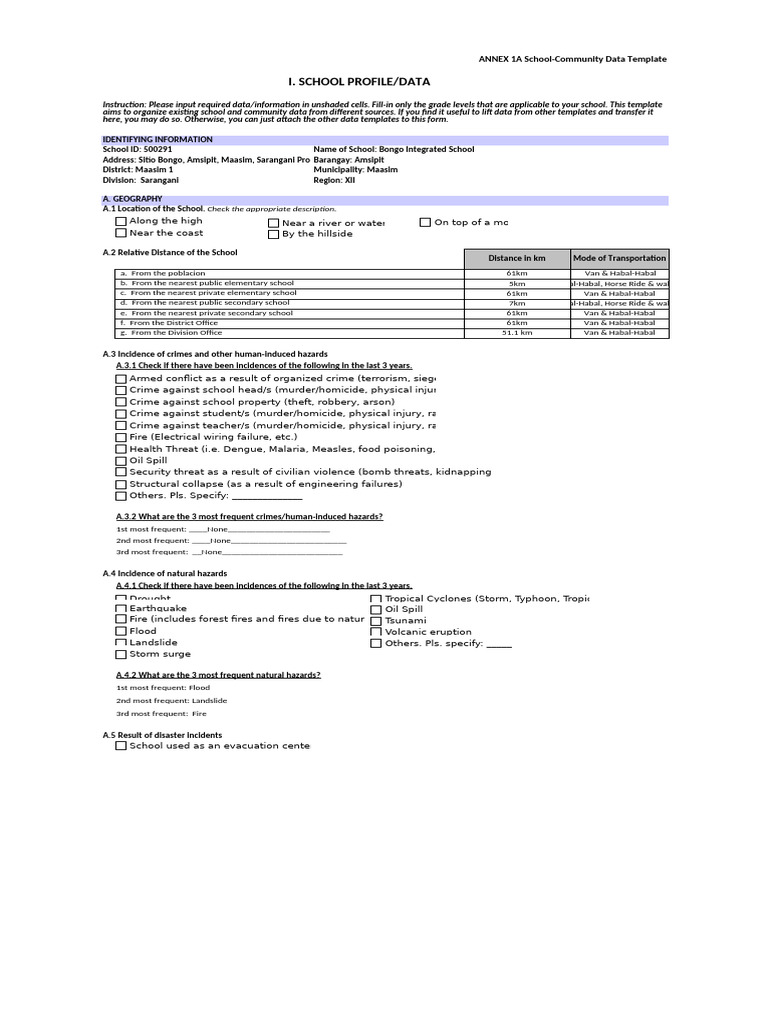 Annex 1A - School-Community Data | PDF | Natural Disasters | Hazards
