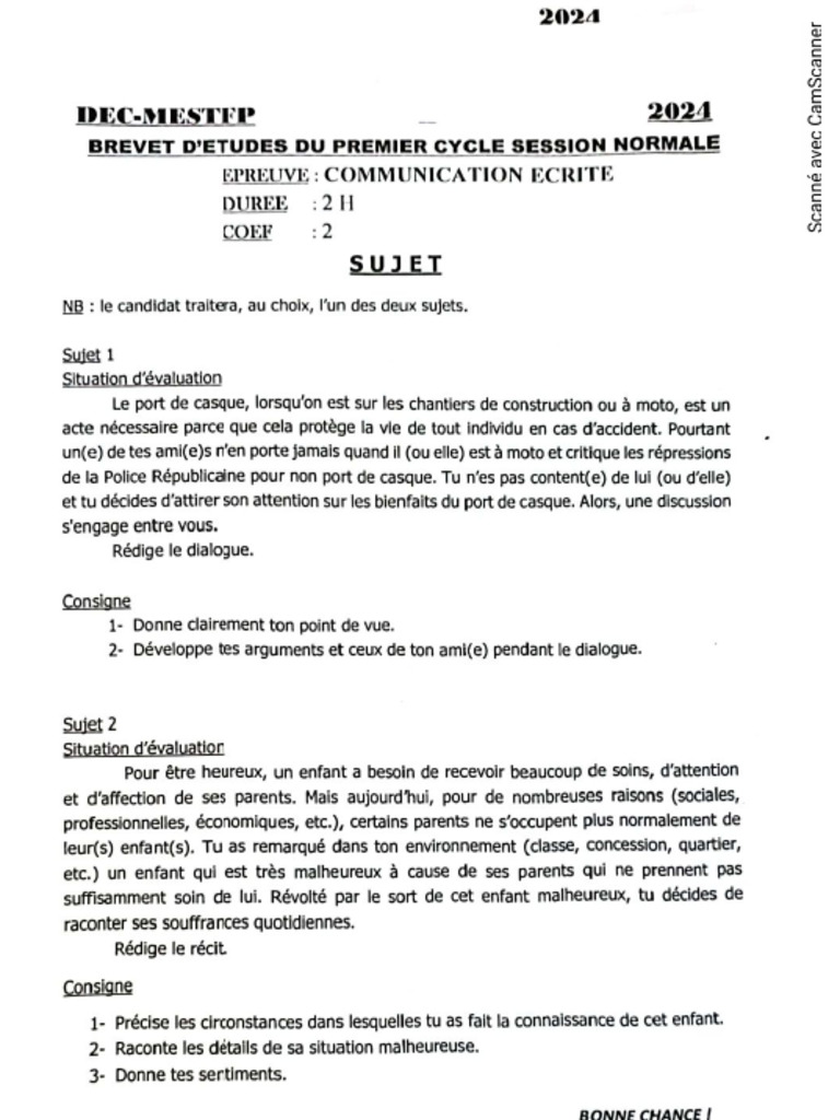 Epreuve de Communication Ecrite Bepc 2024 Benin | PDF