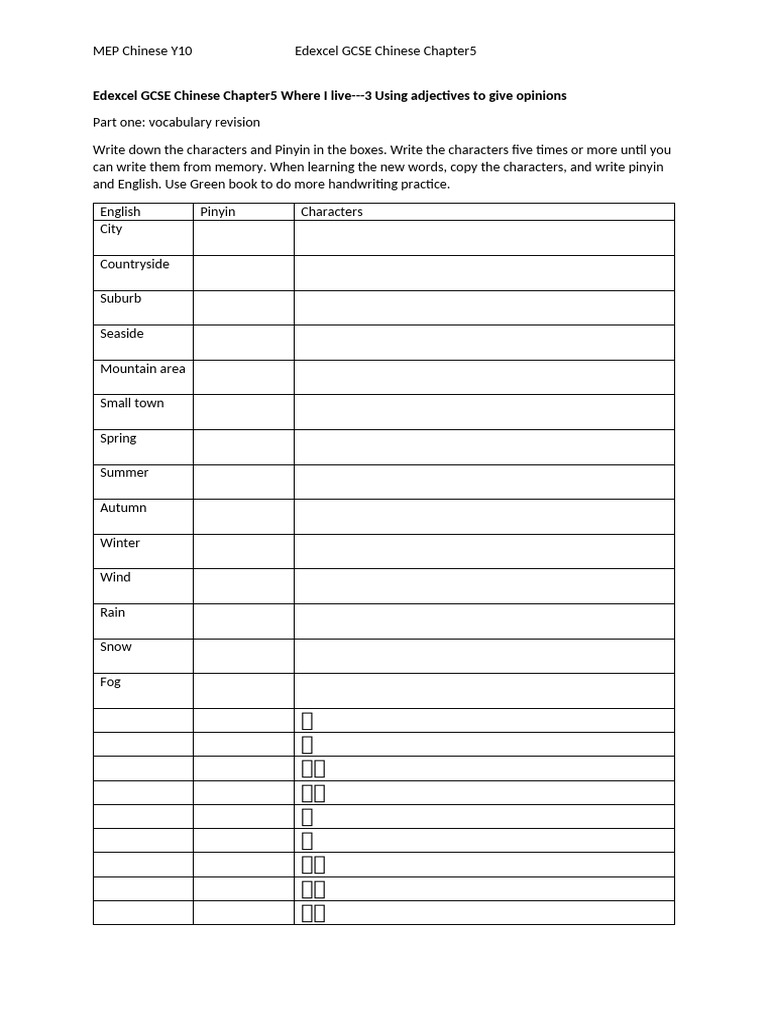 Edexcel GCSE Chinese Chapter5 Where I Live - 3 Using Adjectives To Give ...