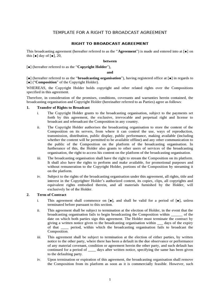 Broadcasting Rights Agreement Template | PDF | Arbitration | Copyright