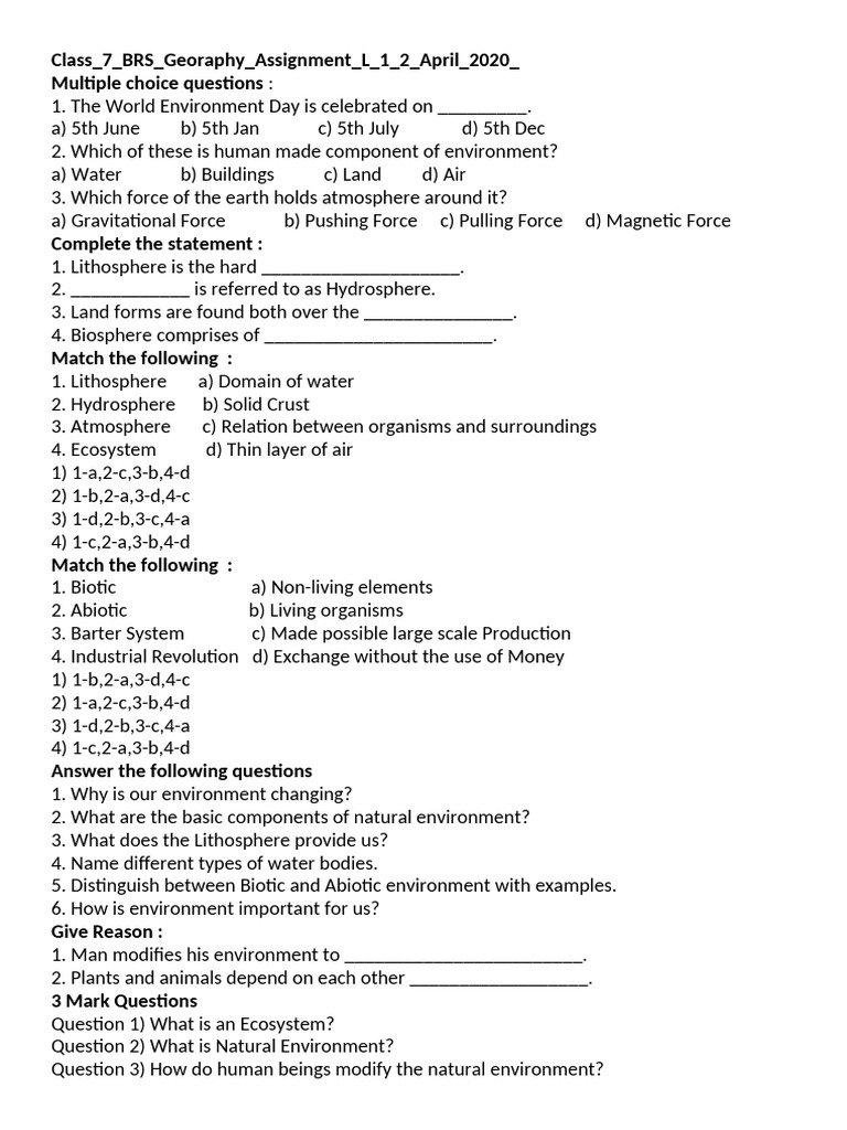 Class 7 Geography Assignment April 2020 | PDF | Rock (Geology ...