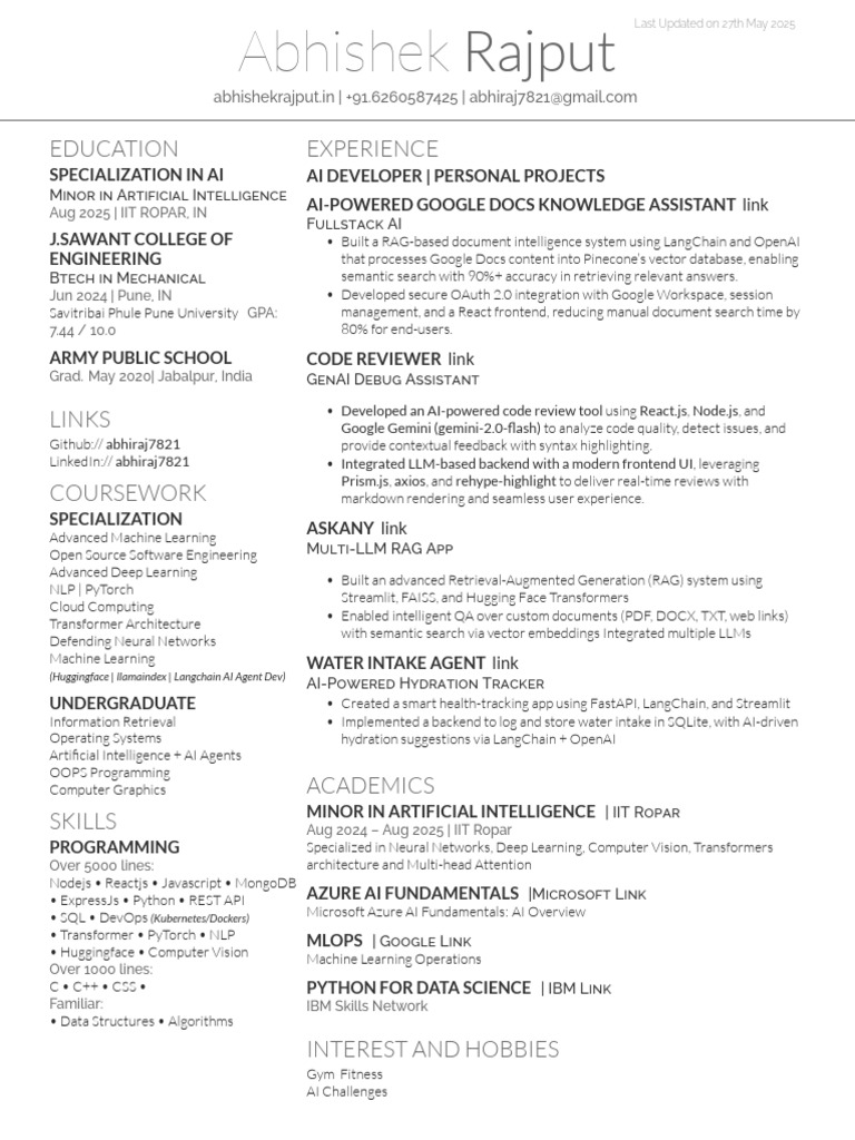 Abhishek Rajput Resume C | PDF | Artificial Intelligence | Intelligence (AI) & Semantics