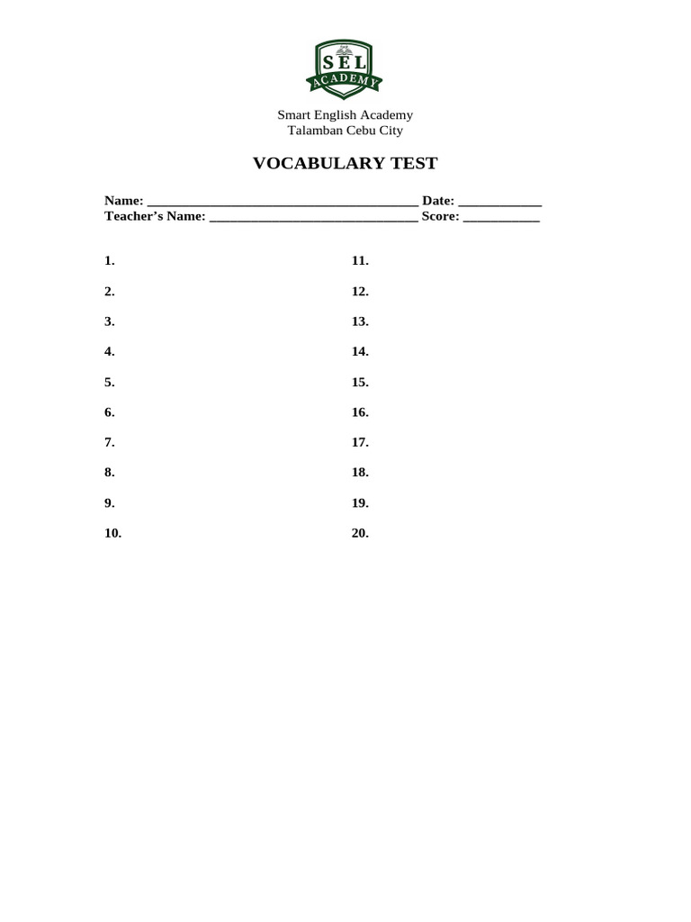 Vocabulary Test Sheet | PDF