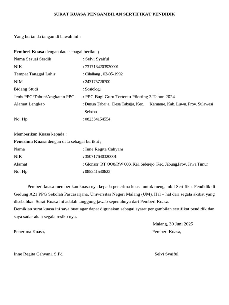 Surat Kuasa Selvi Syaiful | PDF