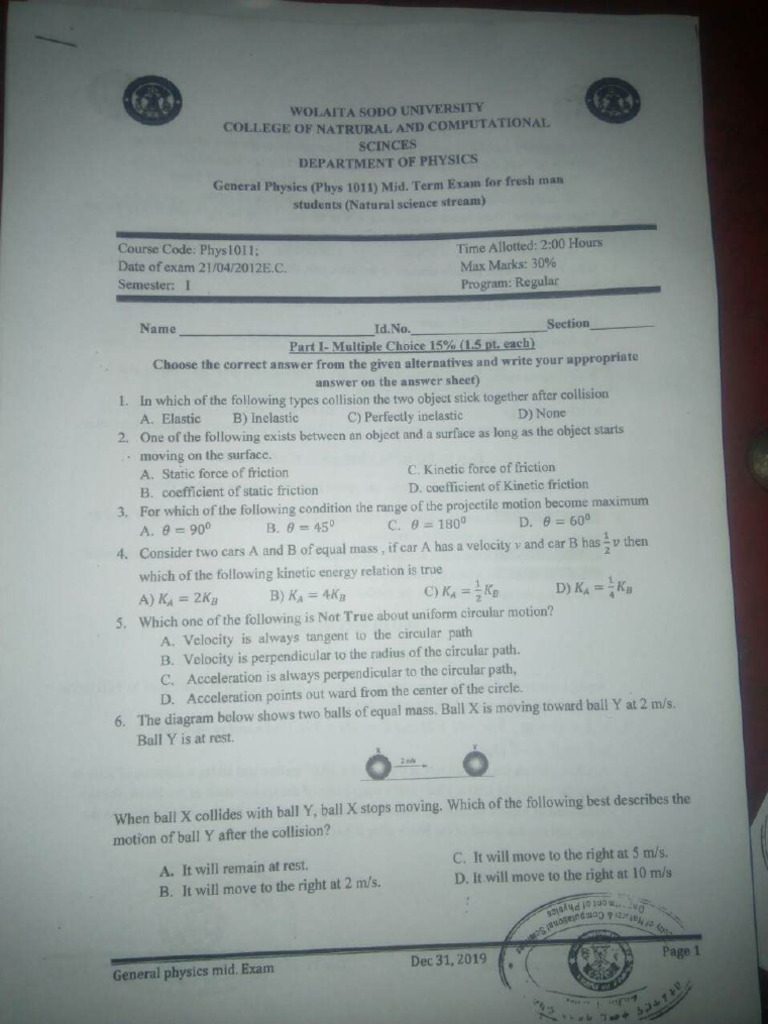 Physics Midterm Exam 8 (WSU) | PDF