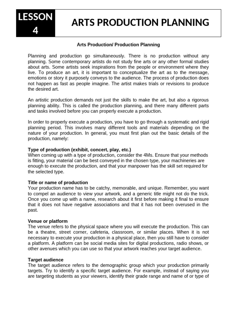 Art Production Planning Essentials | PDF | Goal | Policy