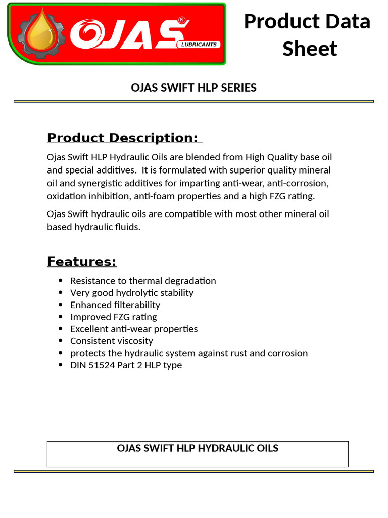 Ojas Swift HLP Hydraulic Oils Data Sheet | PDF