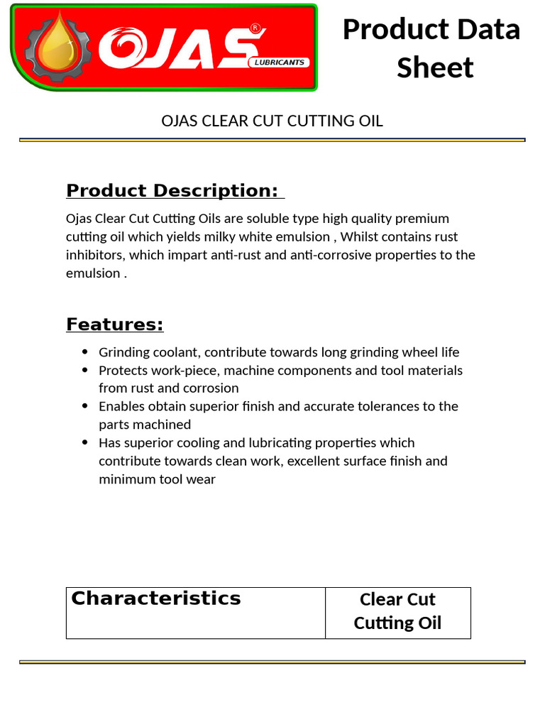 Ojas Clear Cut Cutting Oil Data Sheet | PDF