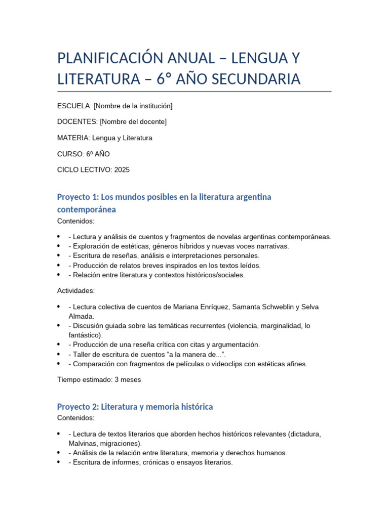 Planificación Anual Lengua 6º Secundaria | PDF | Poesía | Educación en ...