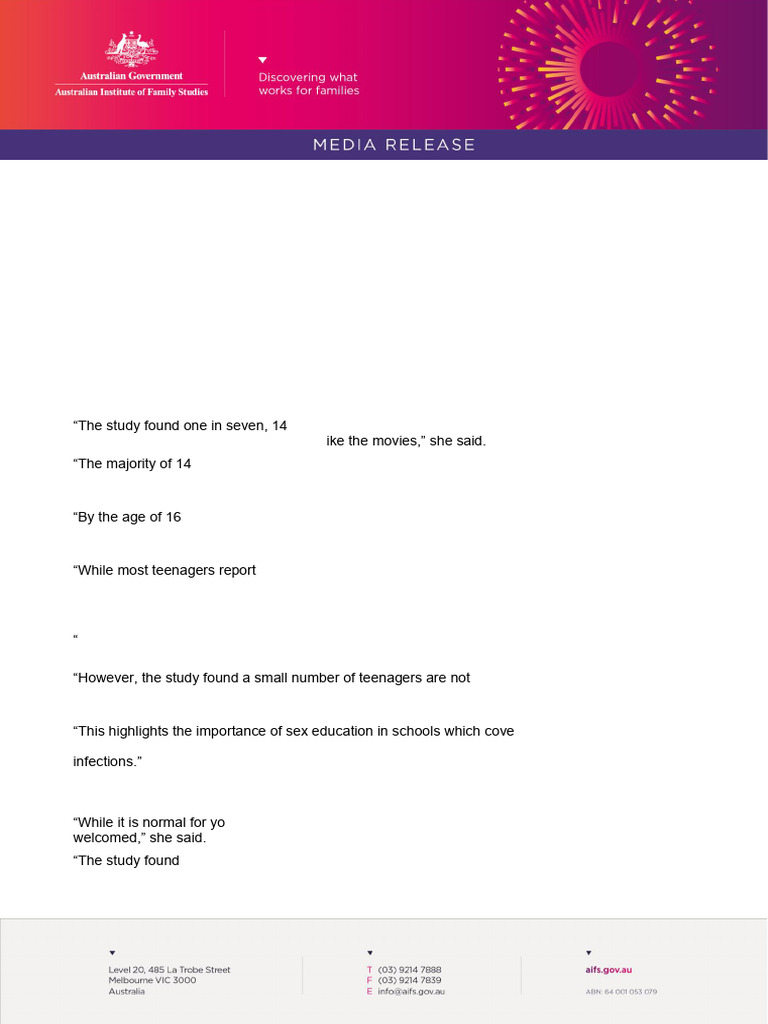 Aifs Sex Media Release Final 0 Pdf Adolescence Sexual Intercourse