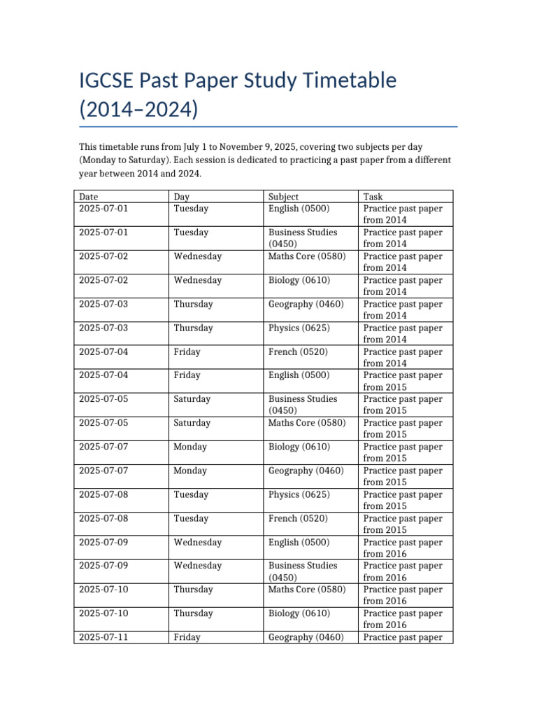 IGCSE PastPaper Study Timetable | PDF