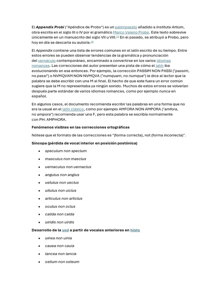 El Appendix Probi | PDF | Lingüística | Morfología Lingüística
