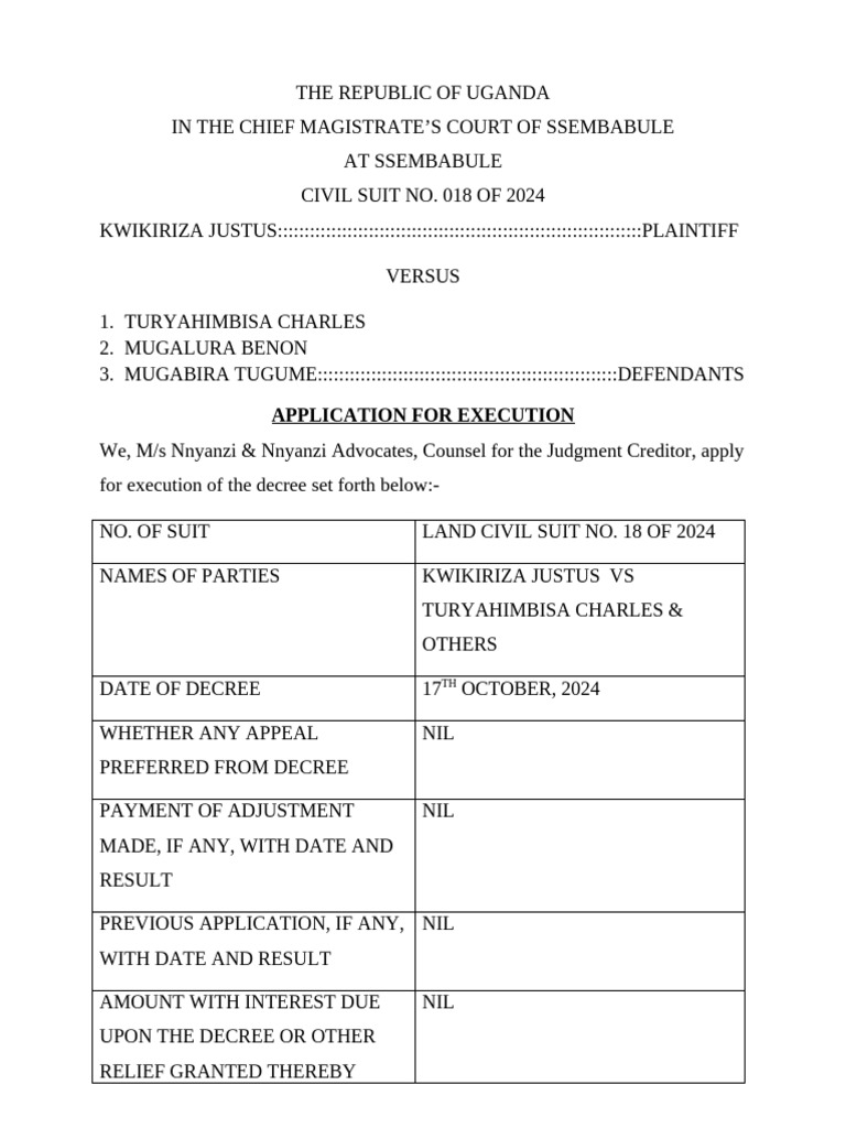 Uganda Civil Suit Execution Application | PDF