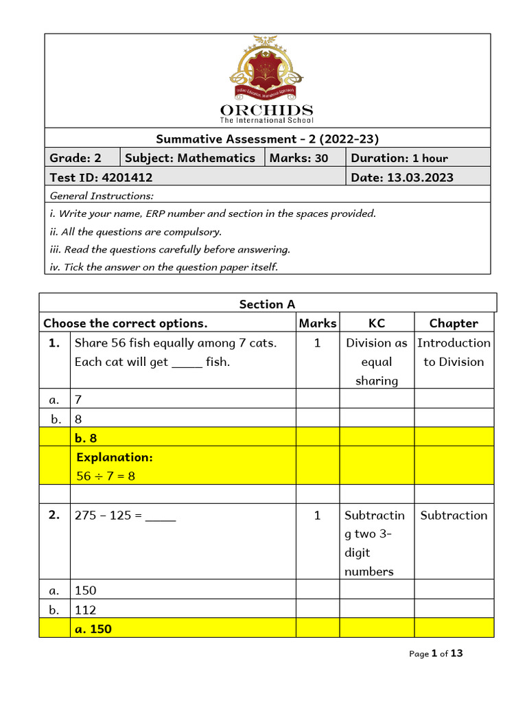 SA2 V4 Grade 2 Mathematics As | PDF | Subtraction