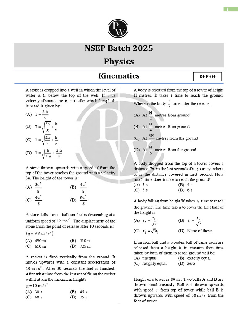 Kinematics - DPP 04 (Of Lec 09) - NSEP 2 Year Integrated Program | PDF | Velocity | Speed