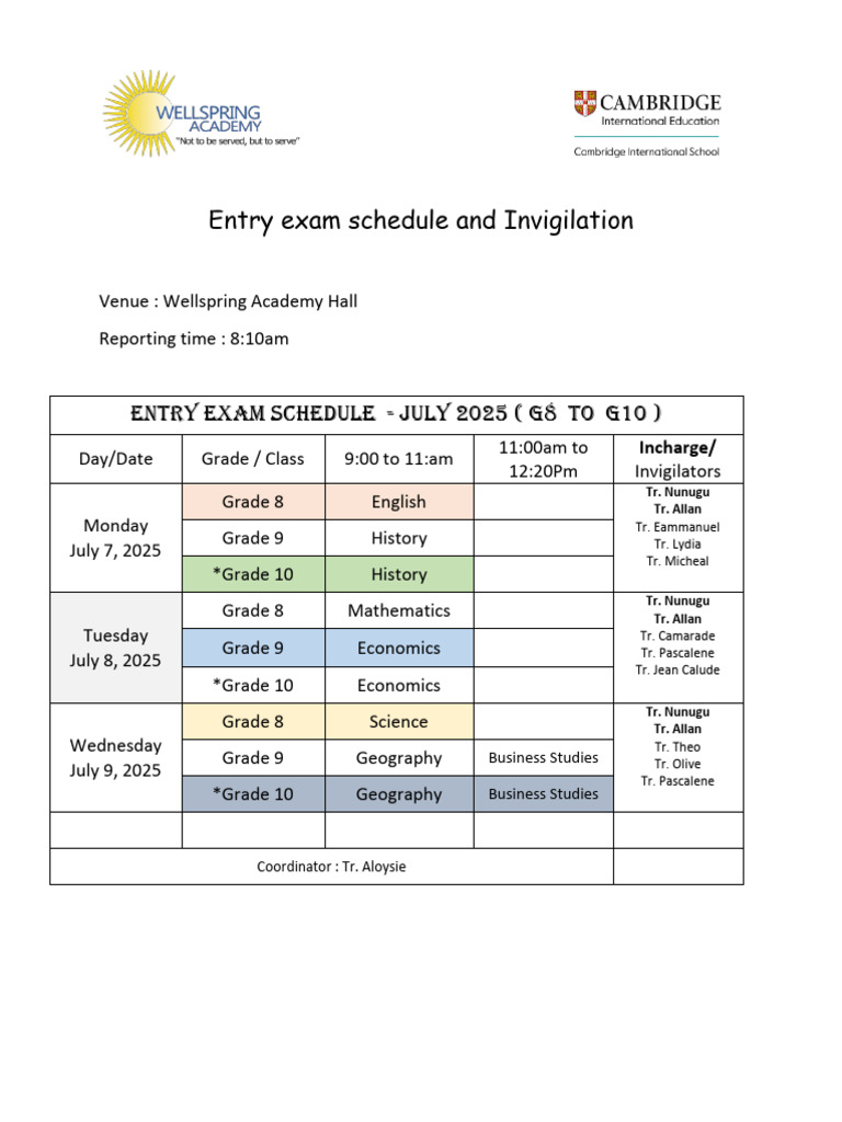 Grade - 8 To 10 - Schedule - INV | PDF