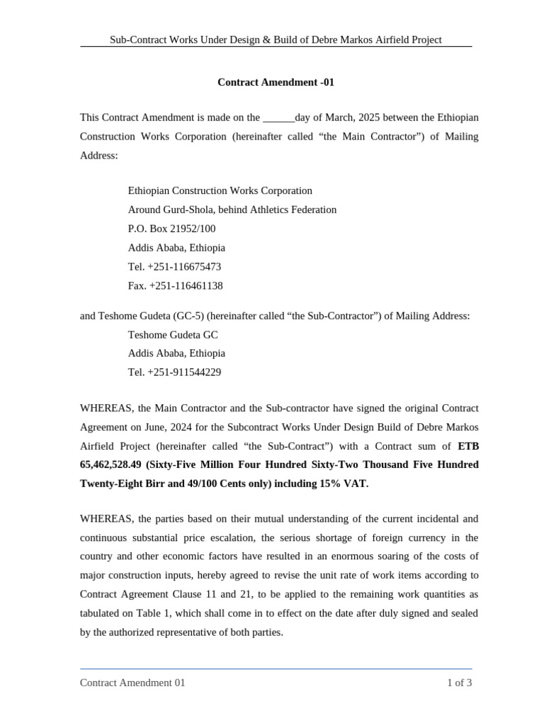 Debre Markos Airfield Contract Amendment | PDF