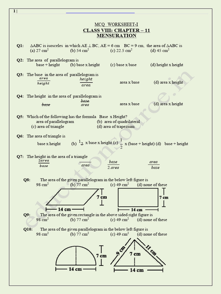 Chapter 11th MCQs I Mathematics | PDF | Area | Euclidean Geometry