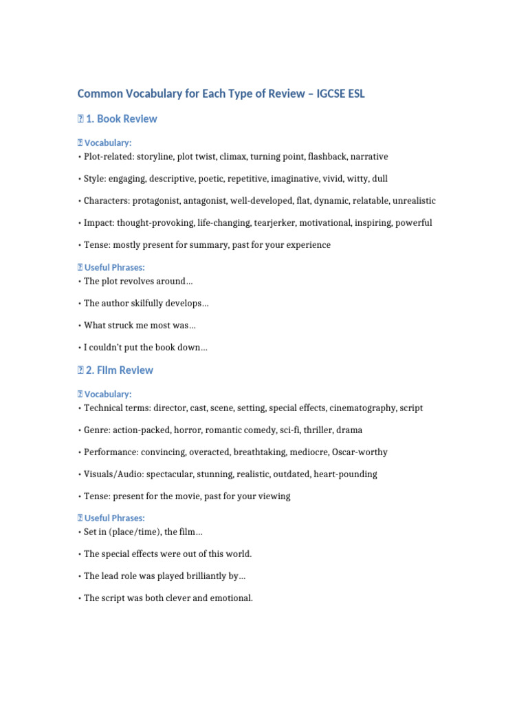 Vocabulary for IGCSE ESL Reviews | PDF | Entertainment