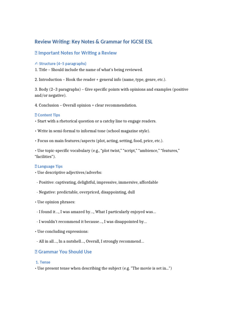 IGCSE ESL Review Writing Guide | PDF