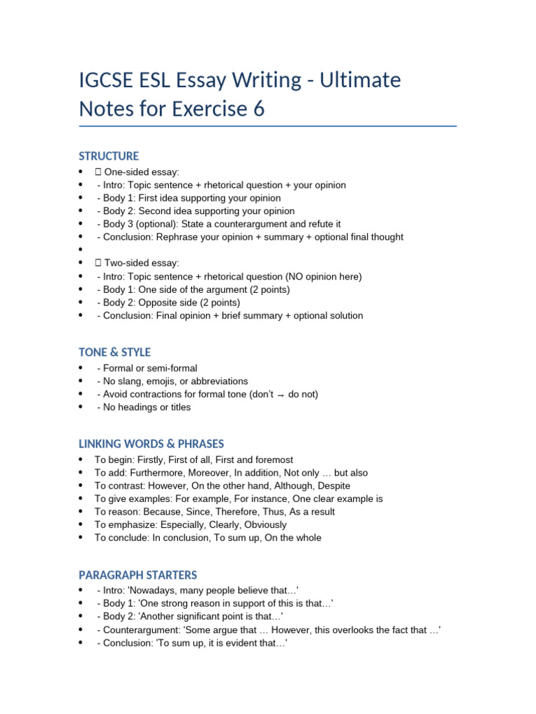 IGCSE ESL Essay Writing Guide | PDF | Essays | Linguistics